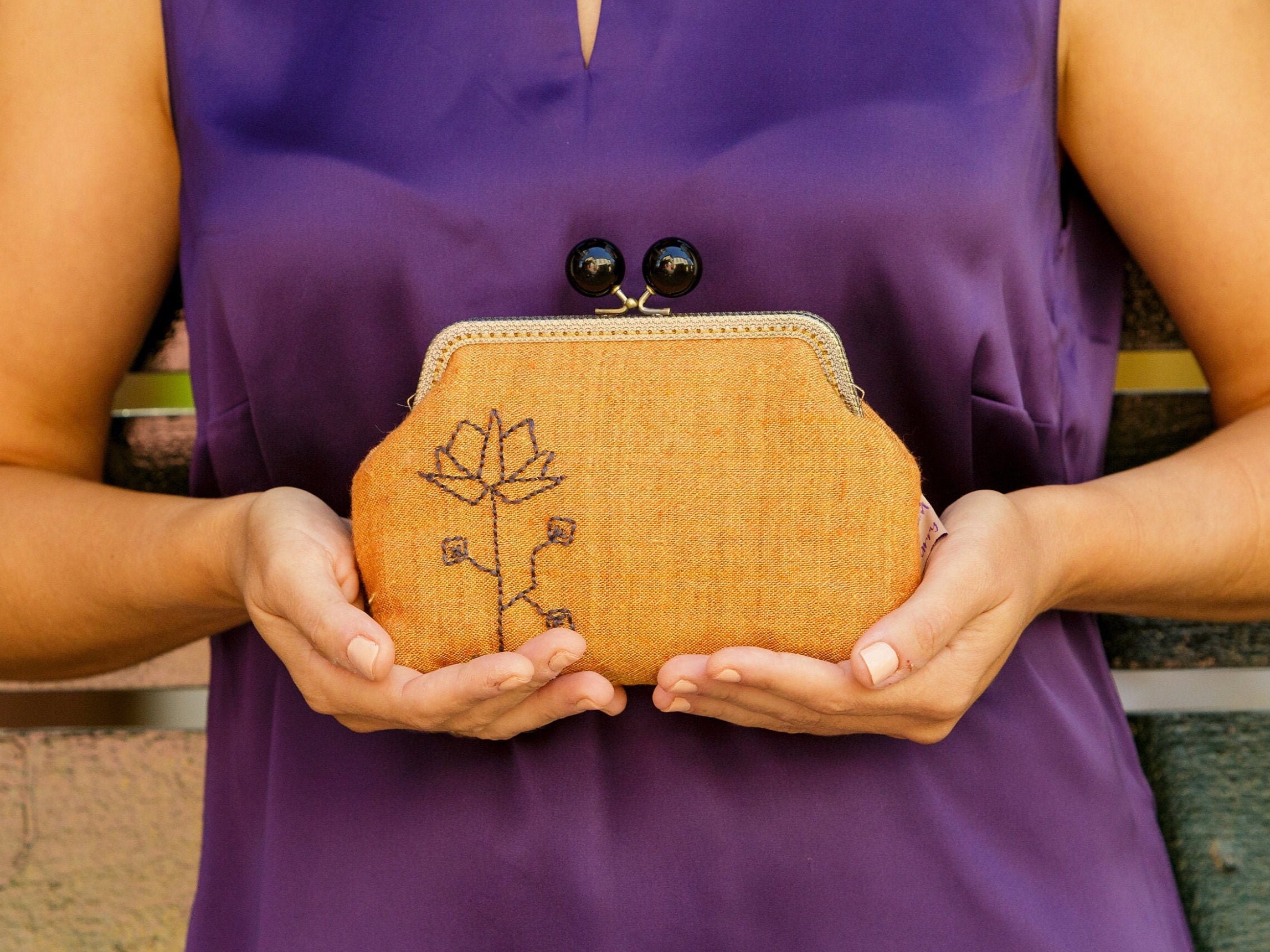 Golden Brown Linen Wallet, Embroidered Small Linen Kiss Lock Purse ...