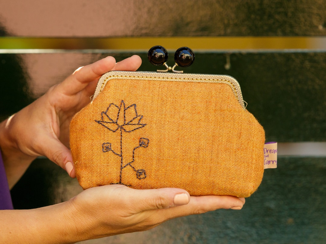 Golden Brown Linen Wallet, Embroidered Small Linen Kiss Lock Purse ...