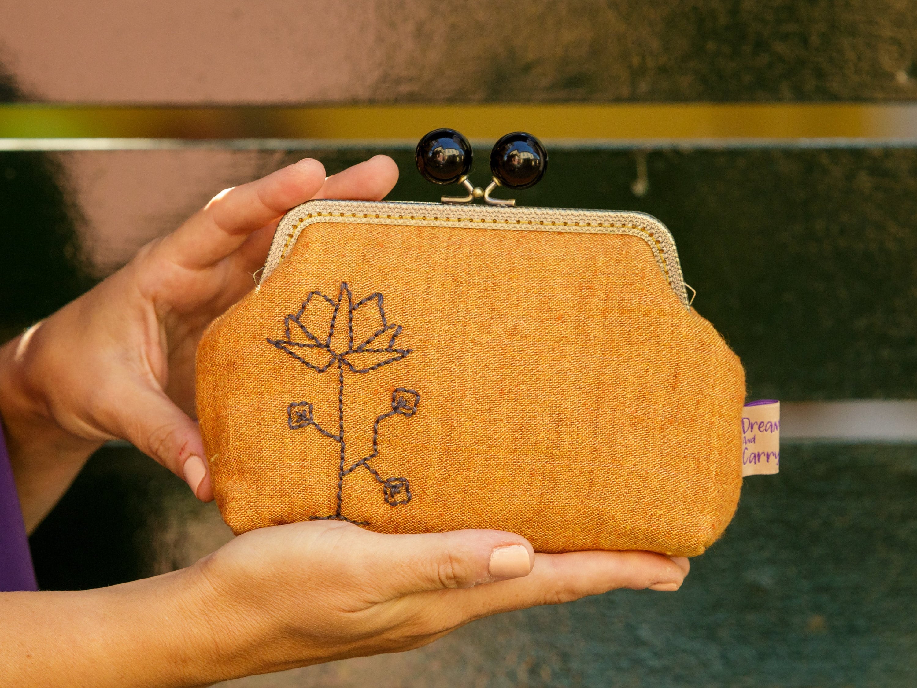 Golden Brown Linen Wallet, Embroidered Small Linen Kiss Lock Purse ...