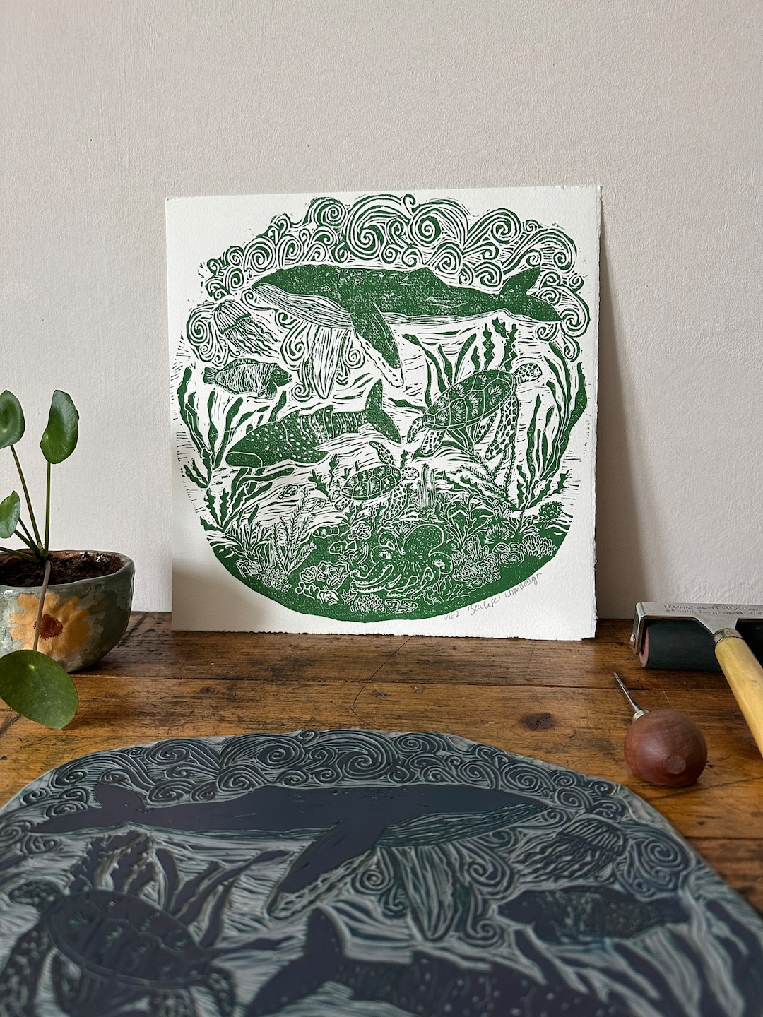 Original Linocut Print sea Life - Etsy