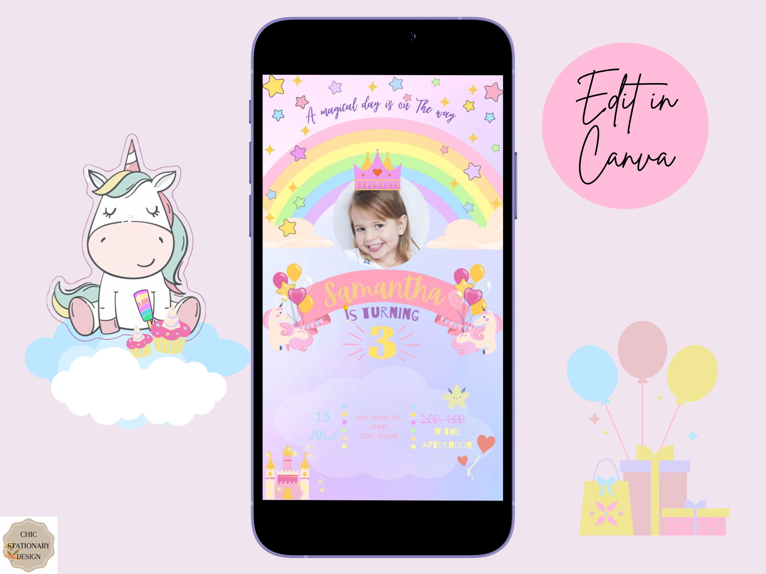 Magical Unicorn Birthday Invitation, Editable Digital Theme in Canva ...