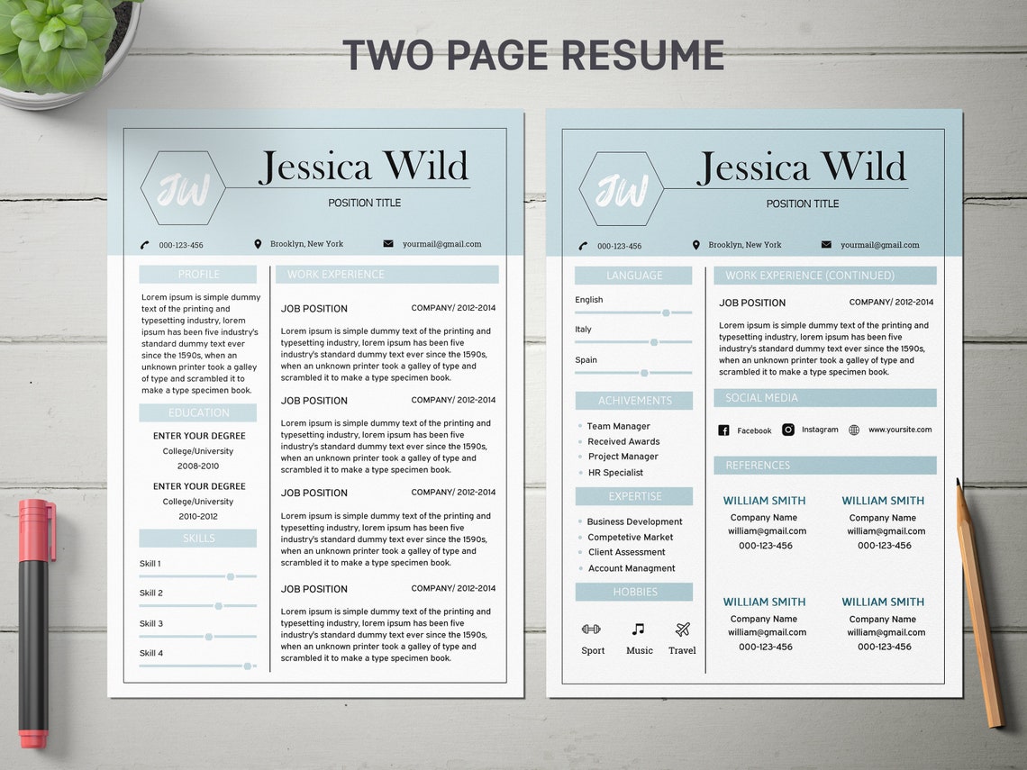 Instant Download Resume Template 1 & 2 Page Professional | Etsy