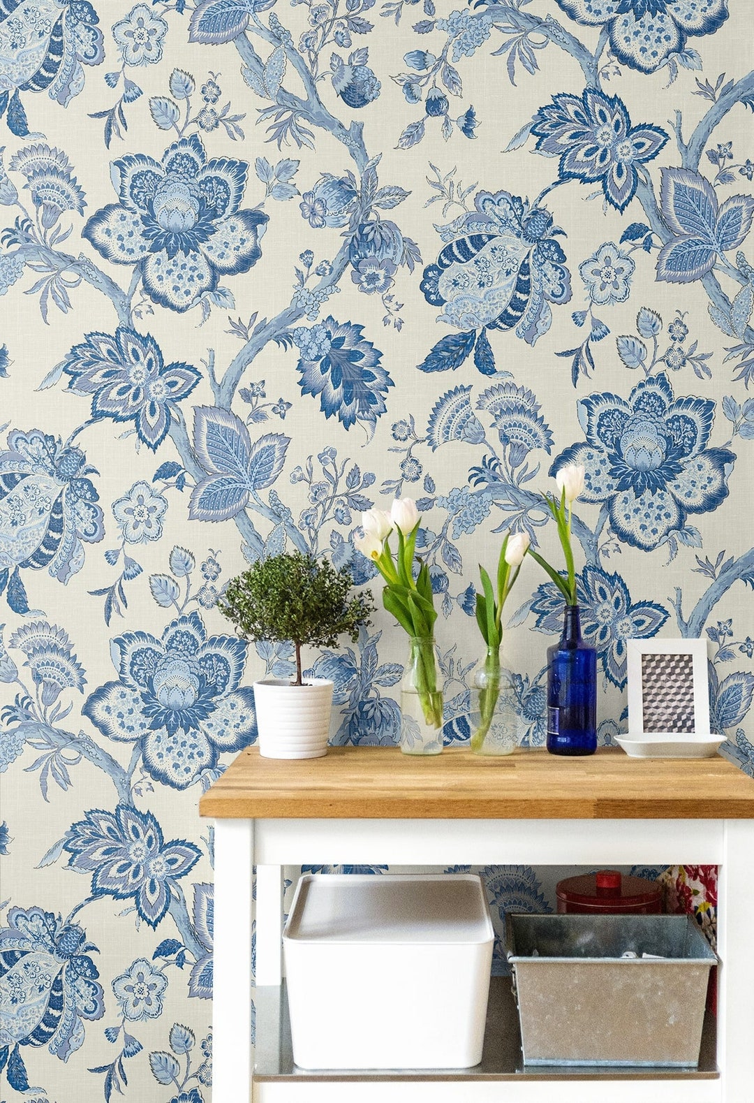Jacobean Wallpaper Blue Floral Trail Designer Flower Botanical ...