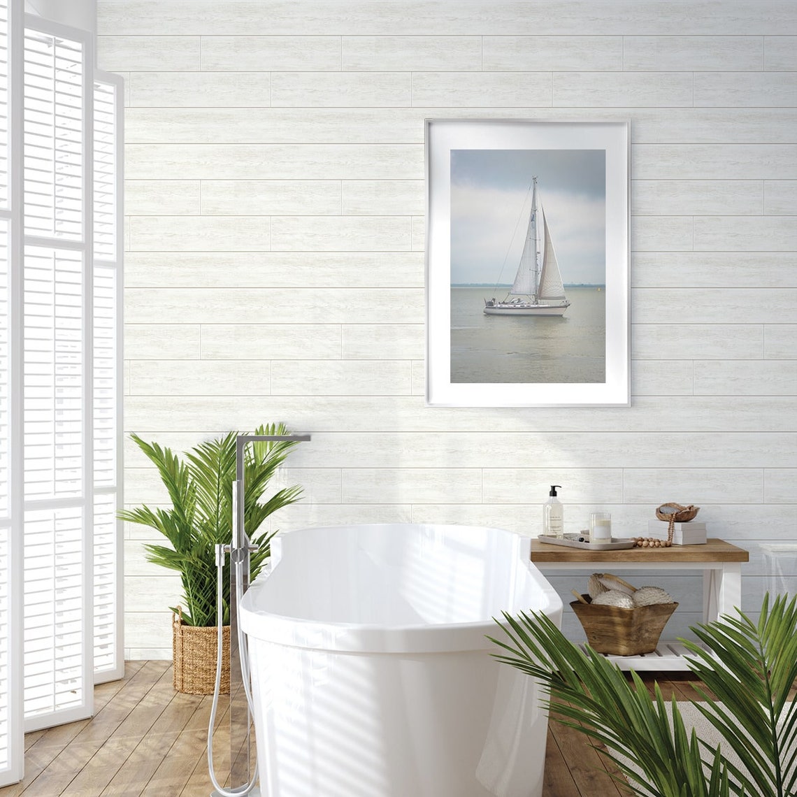 Prepasted Wallpaper Faux Shiplap Coastal Wallcovering Beach House Wall ...