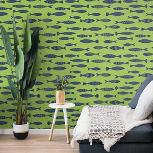 Wallpaper Fish Blue Ocean Coastal Wallcovering Designer Beach House ...