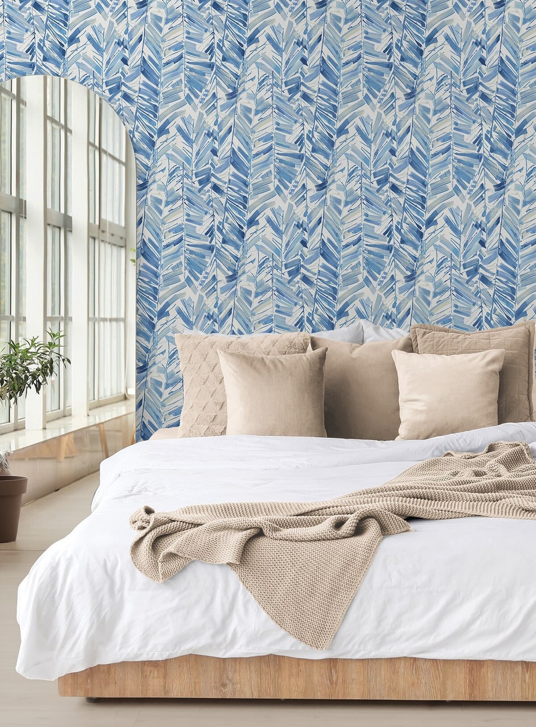 Tropical Peel and Stick Wallpaper Palm Leaf Blue Self Adhesive Renter ...