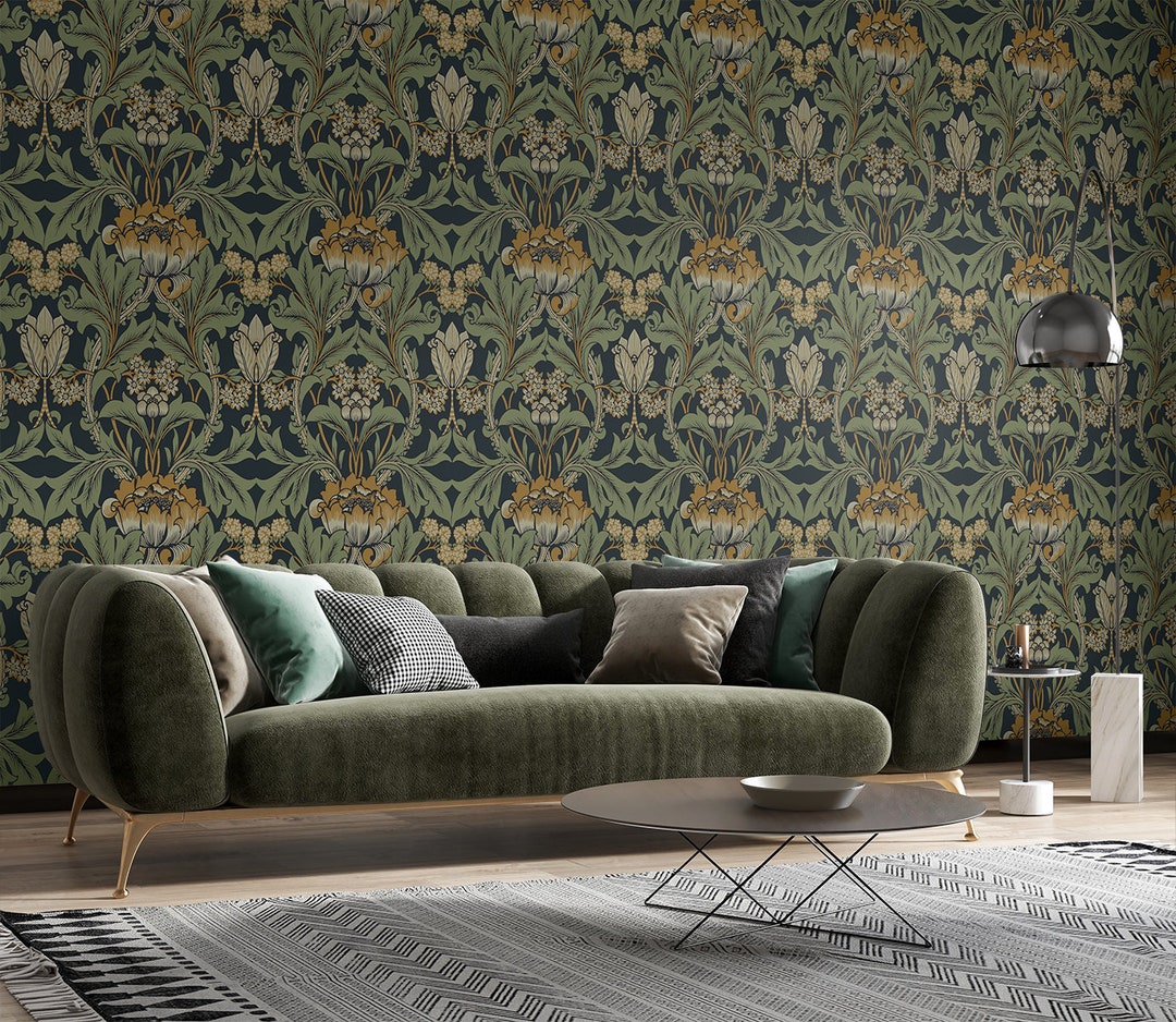 Prepasted Wallpaper Vintage Floral Green Wallcovering Arts and Crafts ...