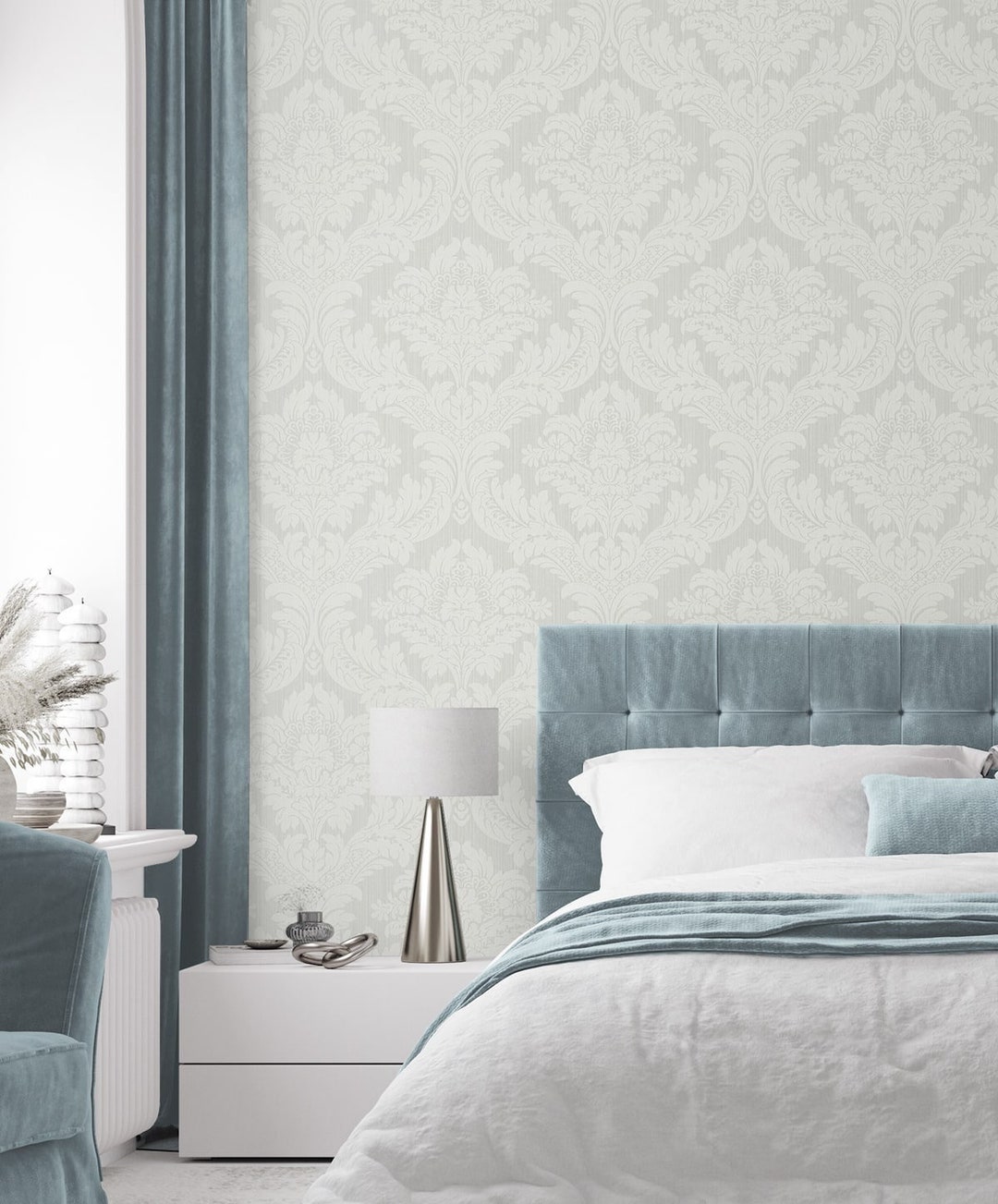 Prepasted Wallpaper Vintage Damask Grey Wallcovering Traditional ...