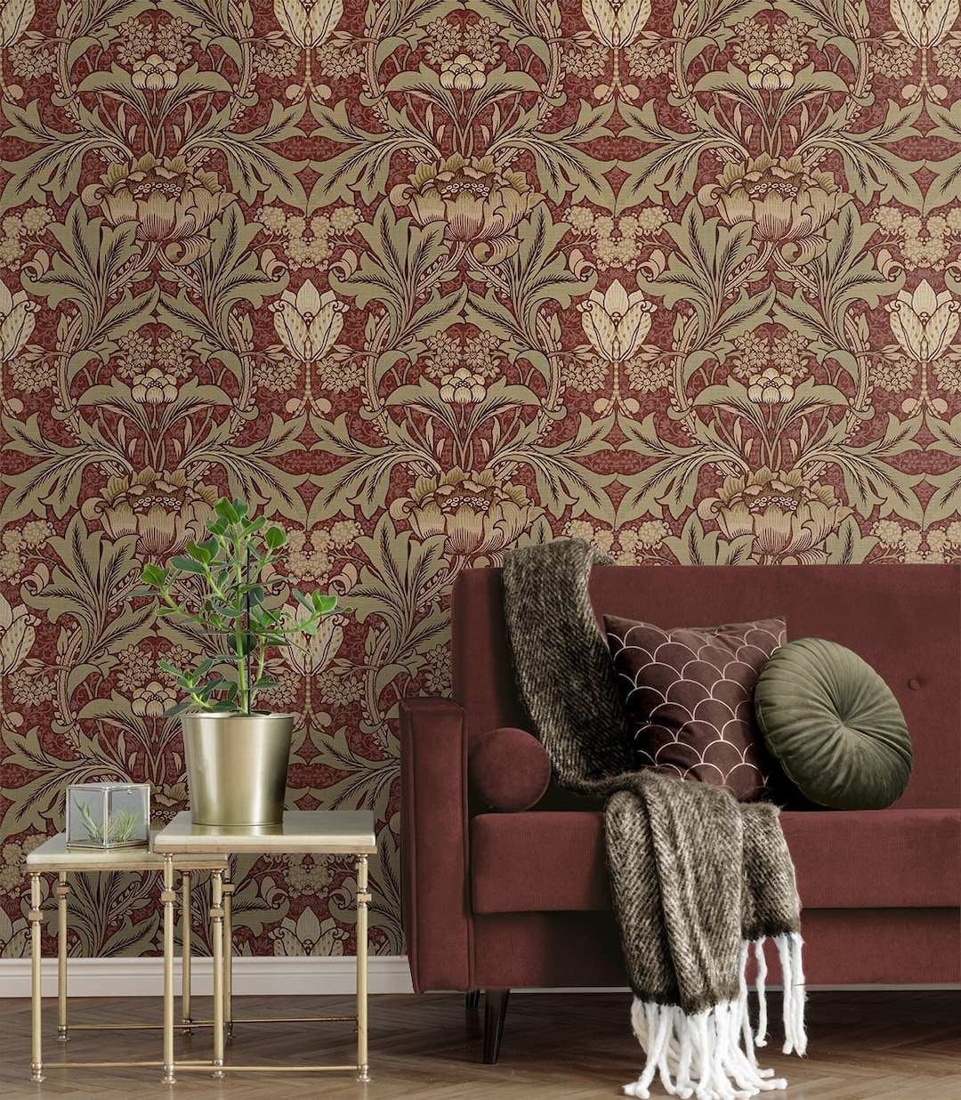 Prepasted Wallpaper Vintage Floral Red Wallcovering Arts and Crafts ...