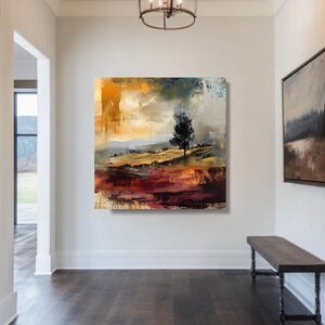 Abstract Sunset Landscape Modern Canvas Art With Tree and Vibrant ...