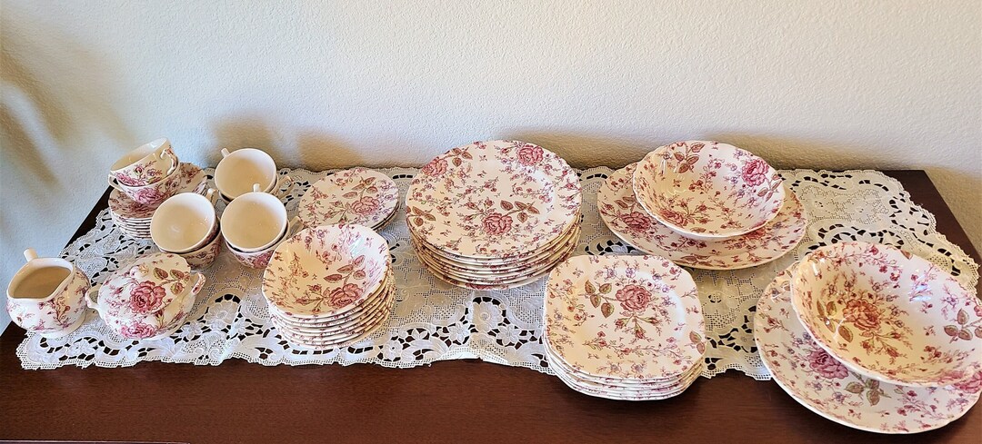 Johnson Bros. rose Chintz Pink English Ceramic China, 50 Pc. Set by ...