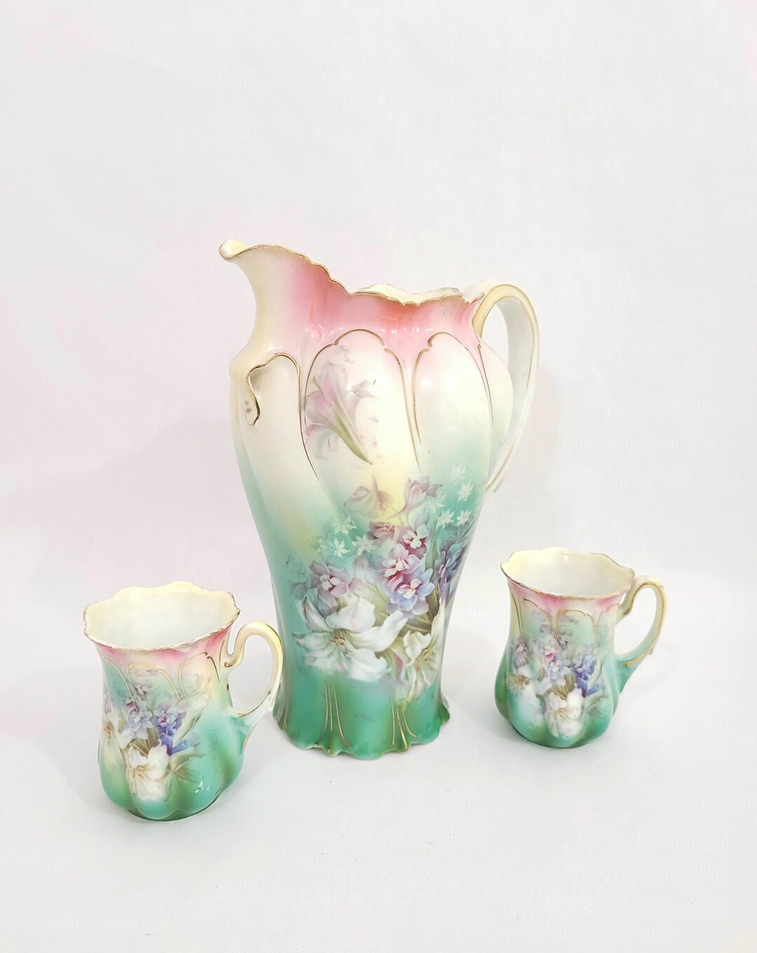 Victorian Antique Chocolate Pot and 2 Cups, Pink to Green With Hand ...