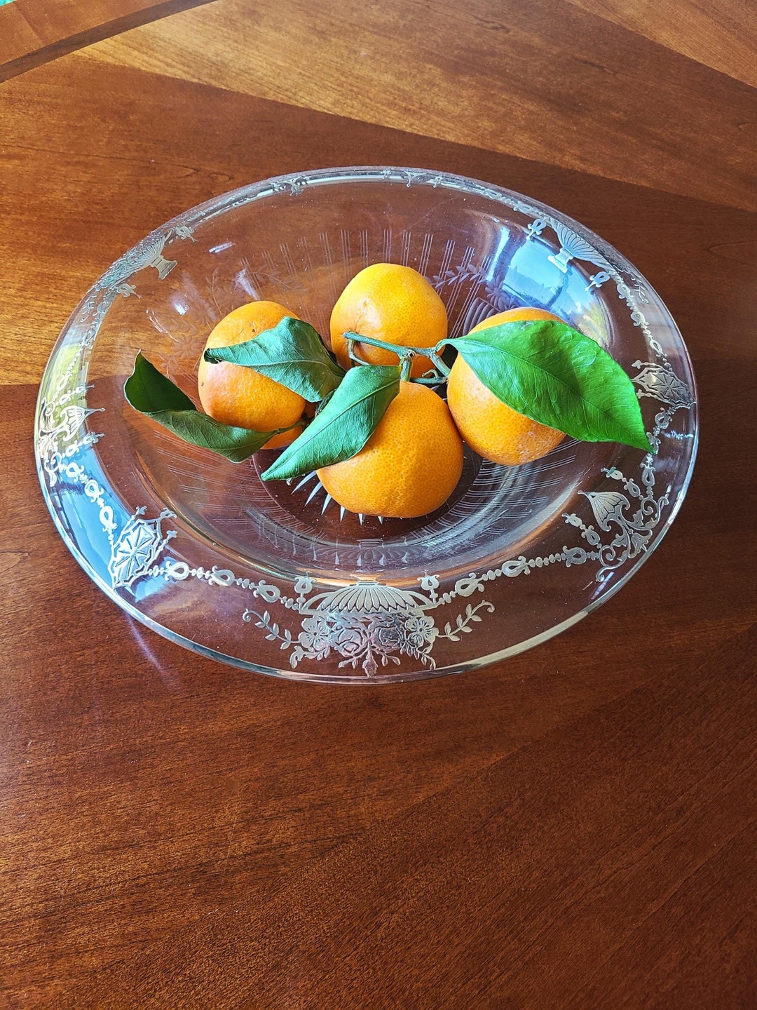 1910s Rolled Rim Glass & Sterling Engraved/cut Glass Centerpiece Bowl ...