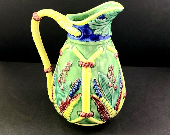 Vintage Majolica Large Pitcher, Green and Yellow Rope With Flowers - Etsy