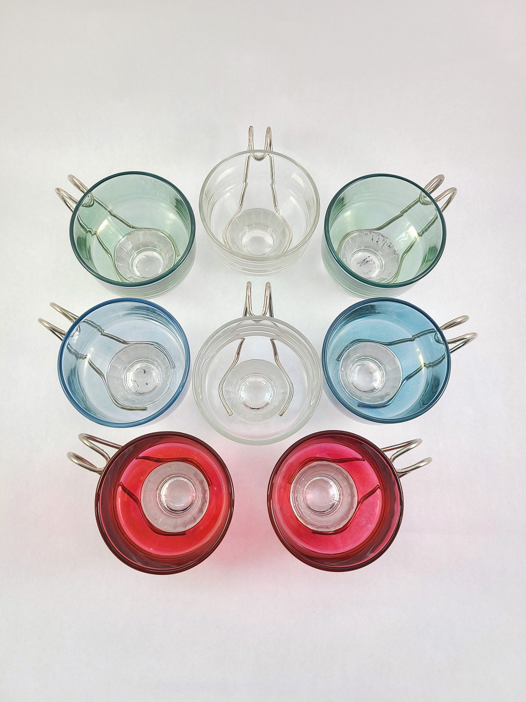 Vintage Colored & Clear Glass Espresso Cups W/removeable Metal Handles ...