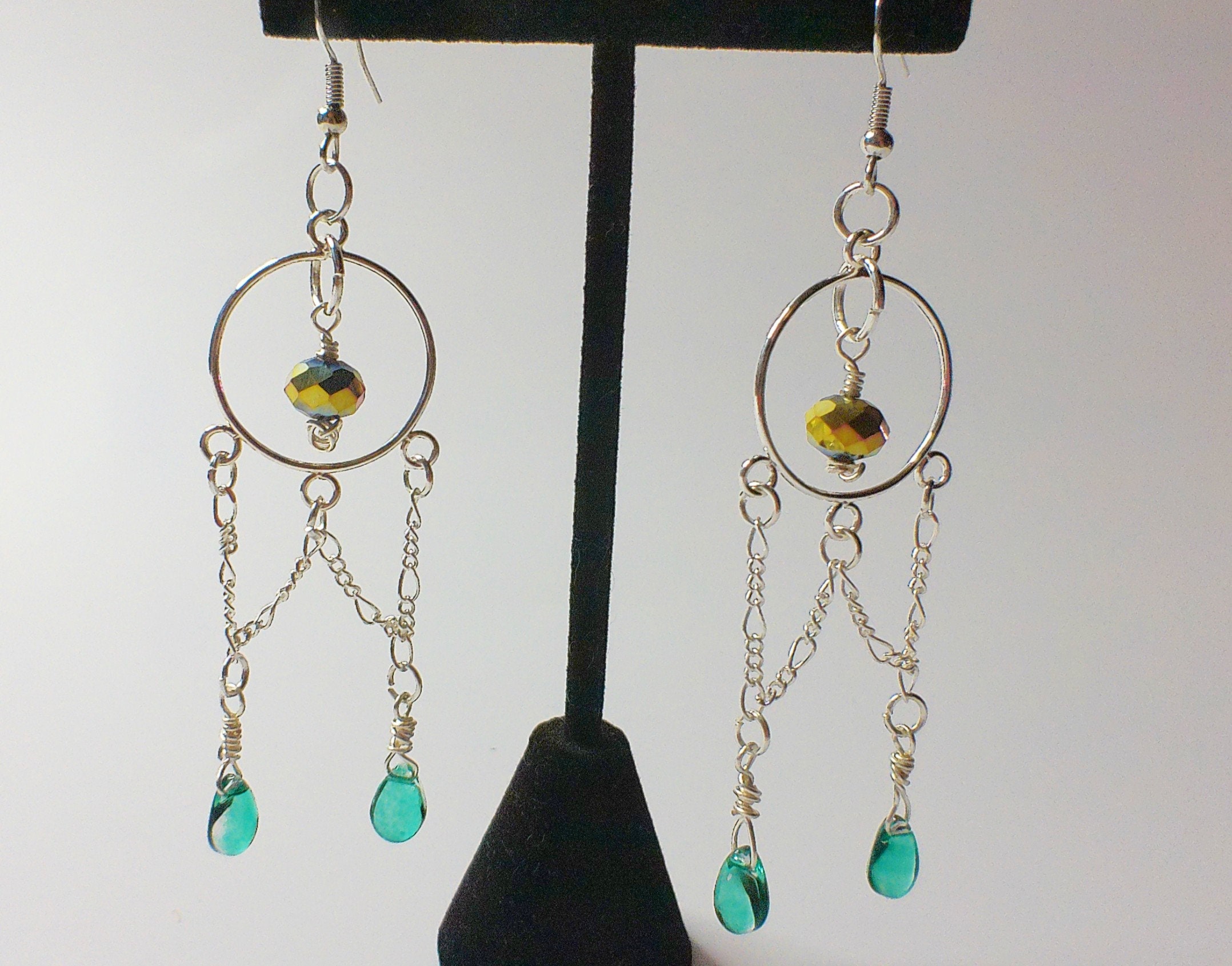 Green Tear Drop Beaded Drop Earrings - Etsy