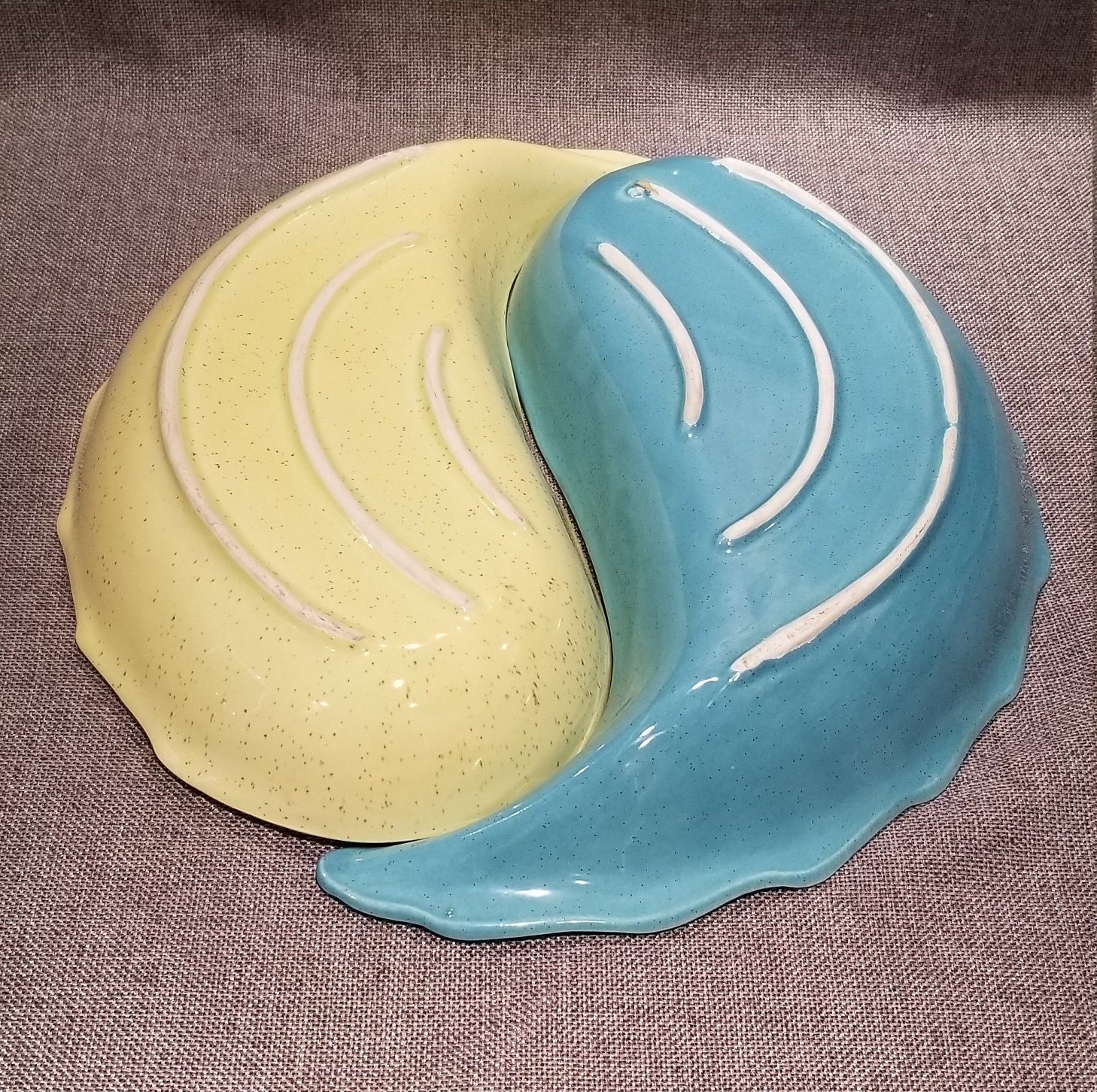 Vintage 2 Piece, Divided Pottery Serving Set in Teal and Yellow ...