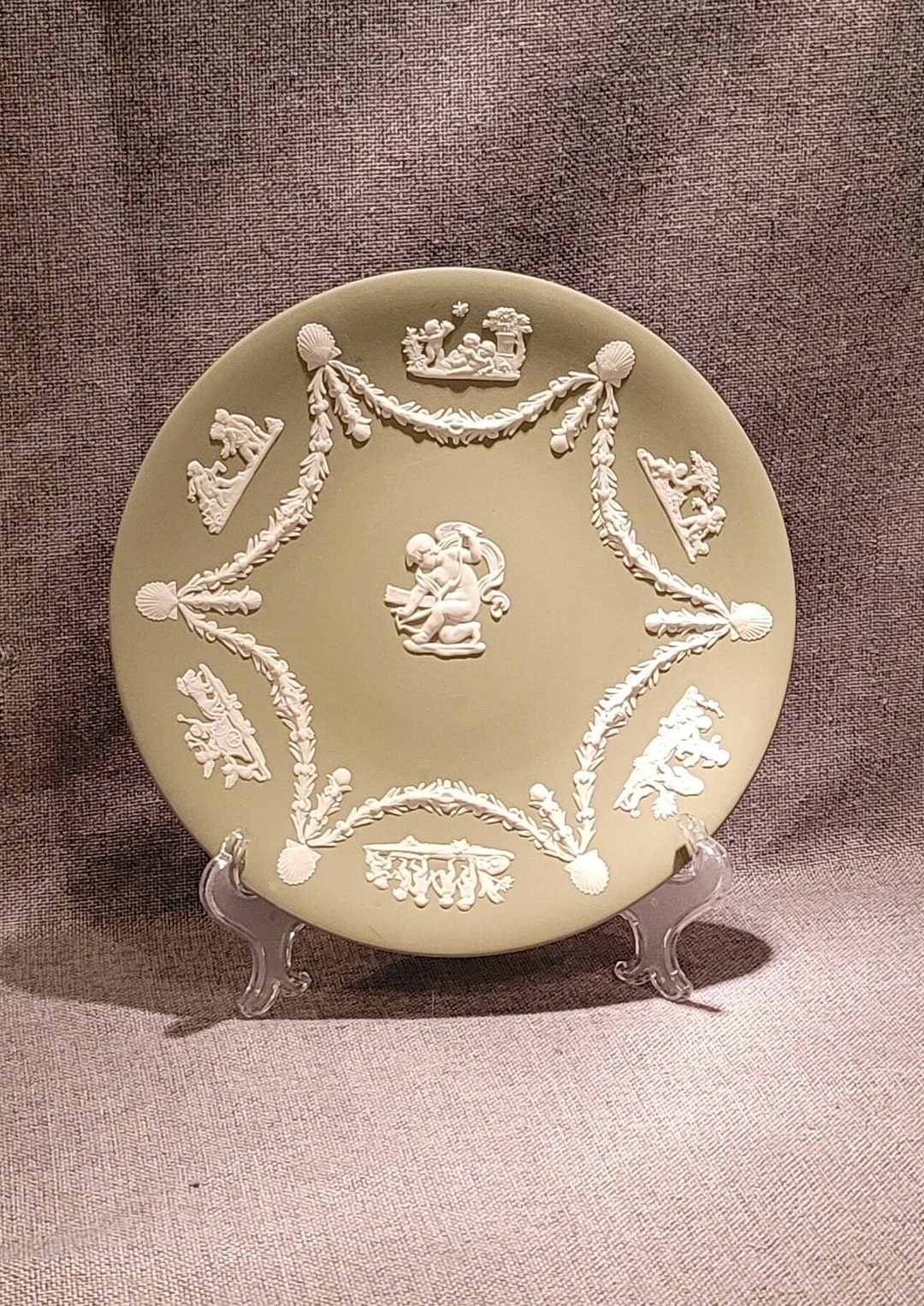 Wedgwood Green Sage Jasperware Cupid Cake Plate - Collectible Plate ...