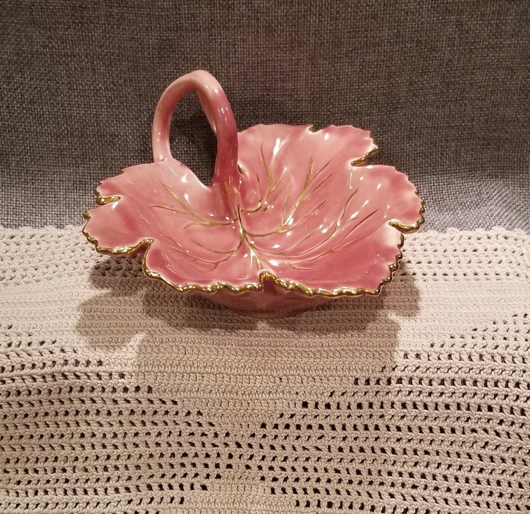 Ceramic Leaf Dish W/ Handle & Hand Painted Gold Edging Signed and Dated ...