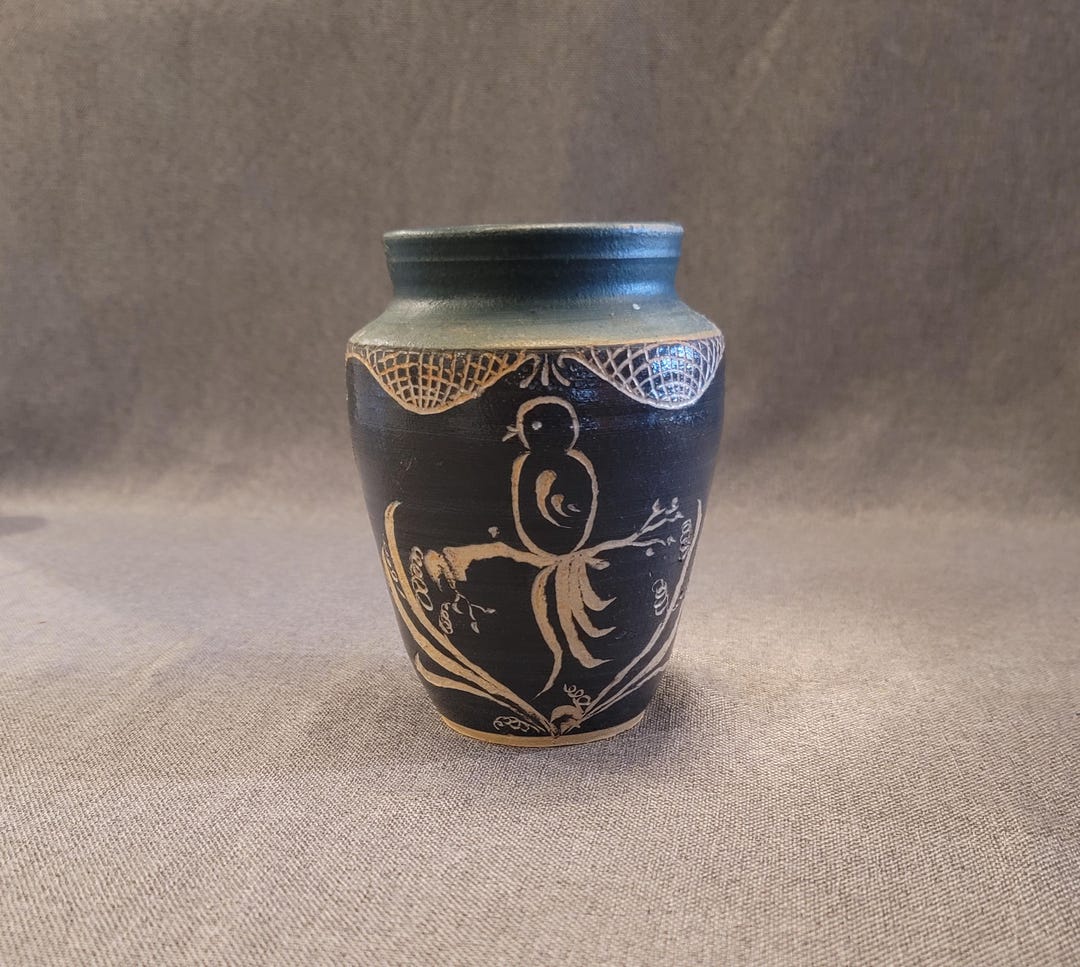 Pottery Vase 6" Height With Carved Bird on Branch and Cross Hatch ...