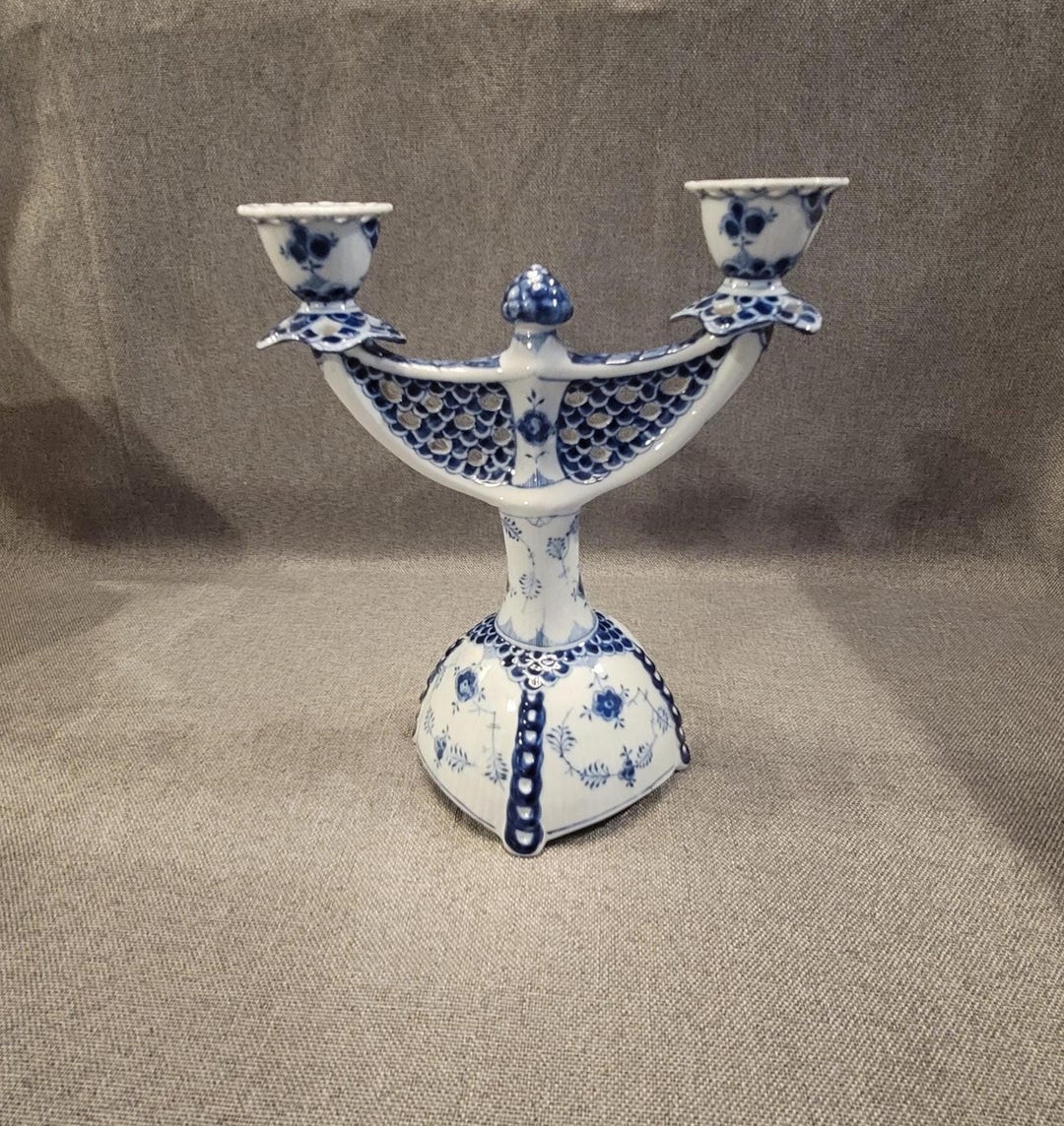 Antique Rauenstein Greiner Candelabra: Blue and White Fluted Porcelain ...