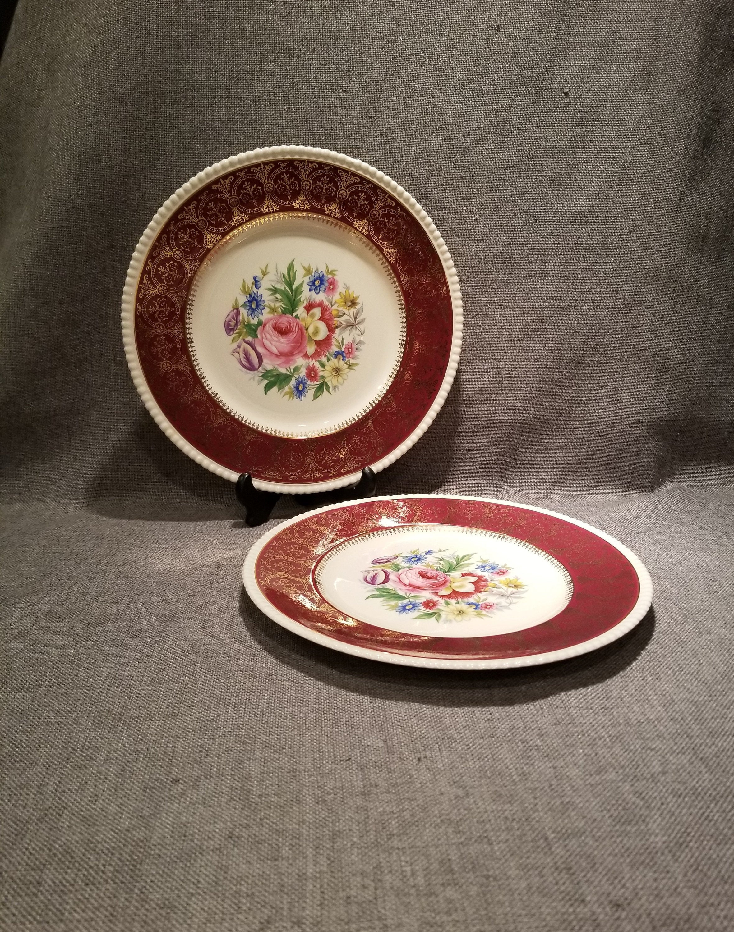 Vintage Solian Ware Plates: Maroon Rim, Gilded Floral Design (set of 2 ...