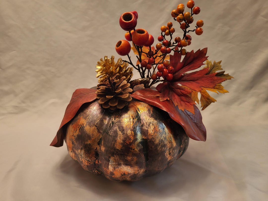 Elegant Autumn Fall Table Centerpiece Bronze Floral Pumpkin Arrangement ...