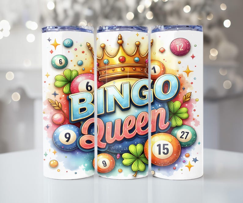 Bingo Queen Tumbler Wrap 20oz Skinny, Colorful Watercolor Bingo ...