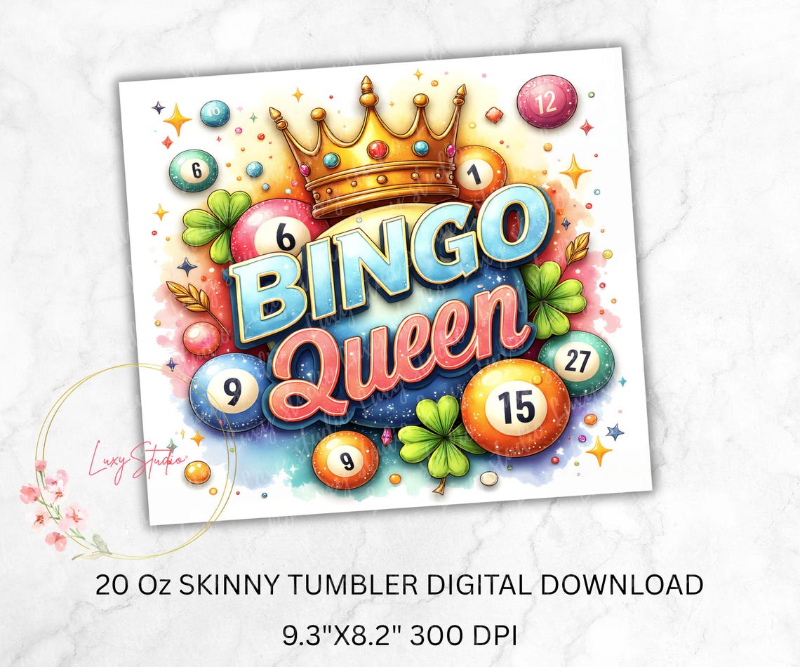 Bingo Queen Tumbler Wrap 20oz Skinny, Colorful Watercolor Bingo ...