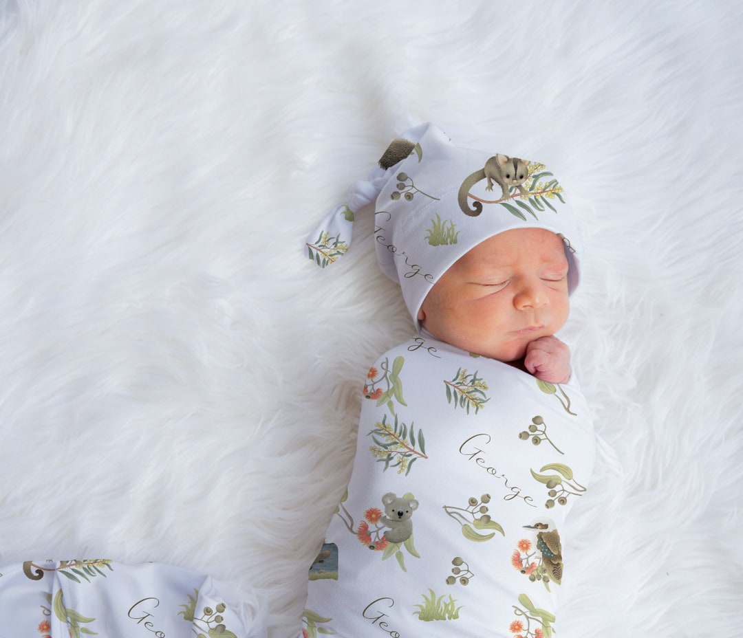 Personalised Australian Animals Baby Swaddle, Baby Beanie, Newborn Baby ...
