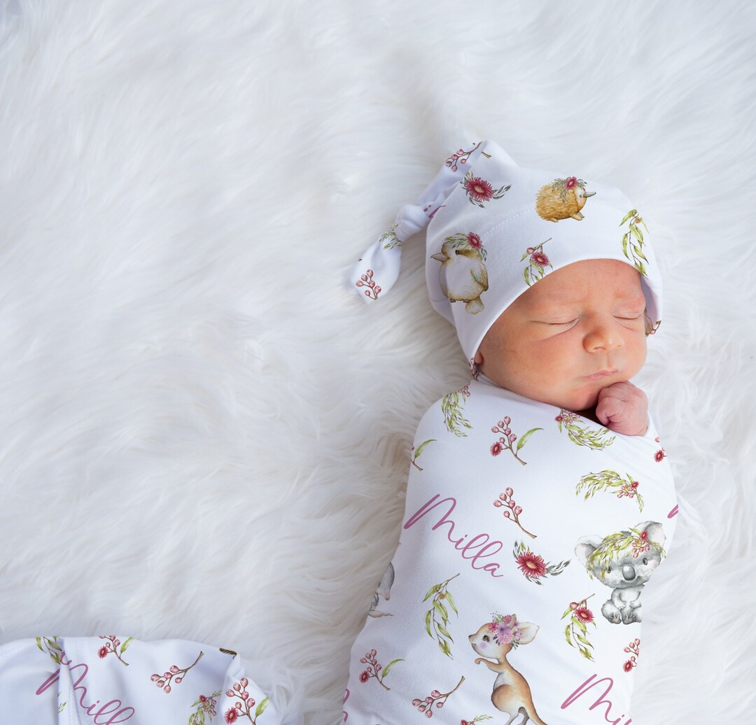 Personalised Australian Animals Baby Swaddle, Baby Beanie, Newborn Baby ...