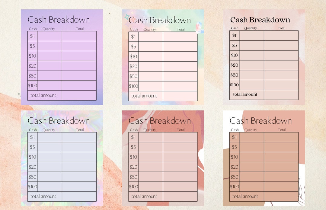 Set of 6 Cash Breakdown Sheets *printable* - Etsy