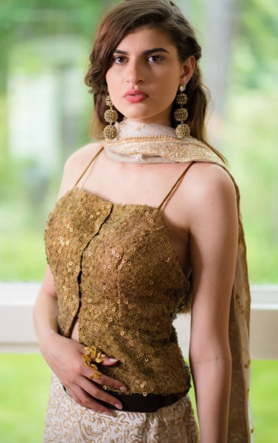 3 Piece Tolla Work Lehenga With Dusty Gold Sequin Top Set - Etsy