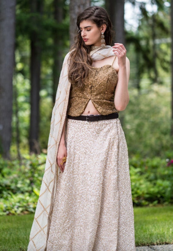 3 Piece Tolla Work Lehenga With Dusty Gold Sequin Top Set | Etsy