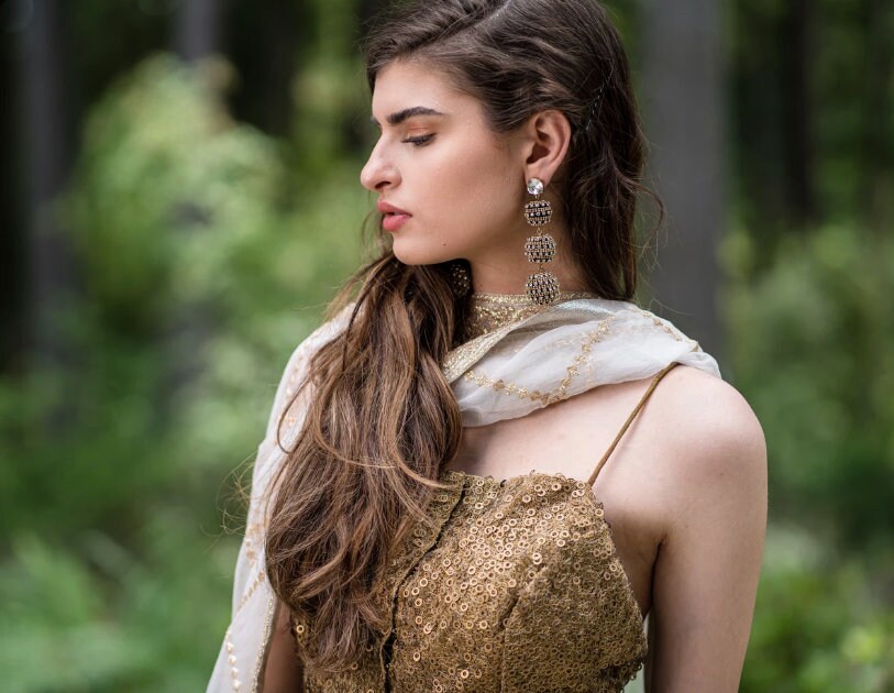 3 Piece Tolla Work Lehenga With Dusty Gold Sequin Top Set - Etsy