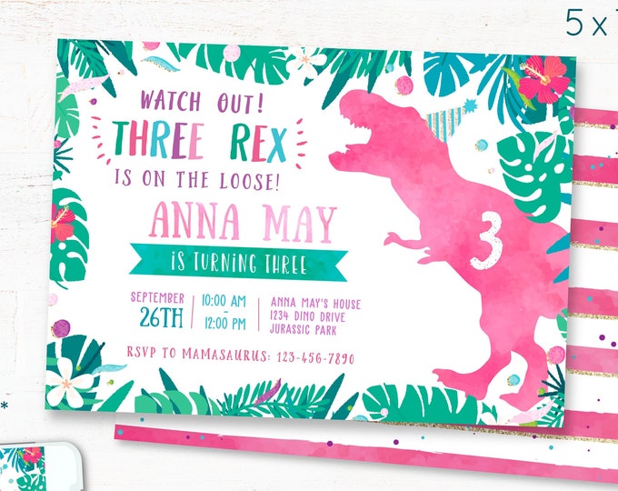 Three Rex Invitation Girl Pink Dinosaur Birthday Invitation - Etsy