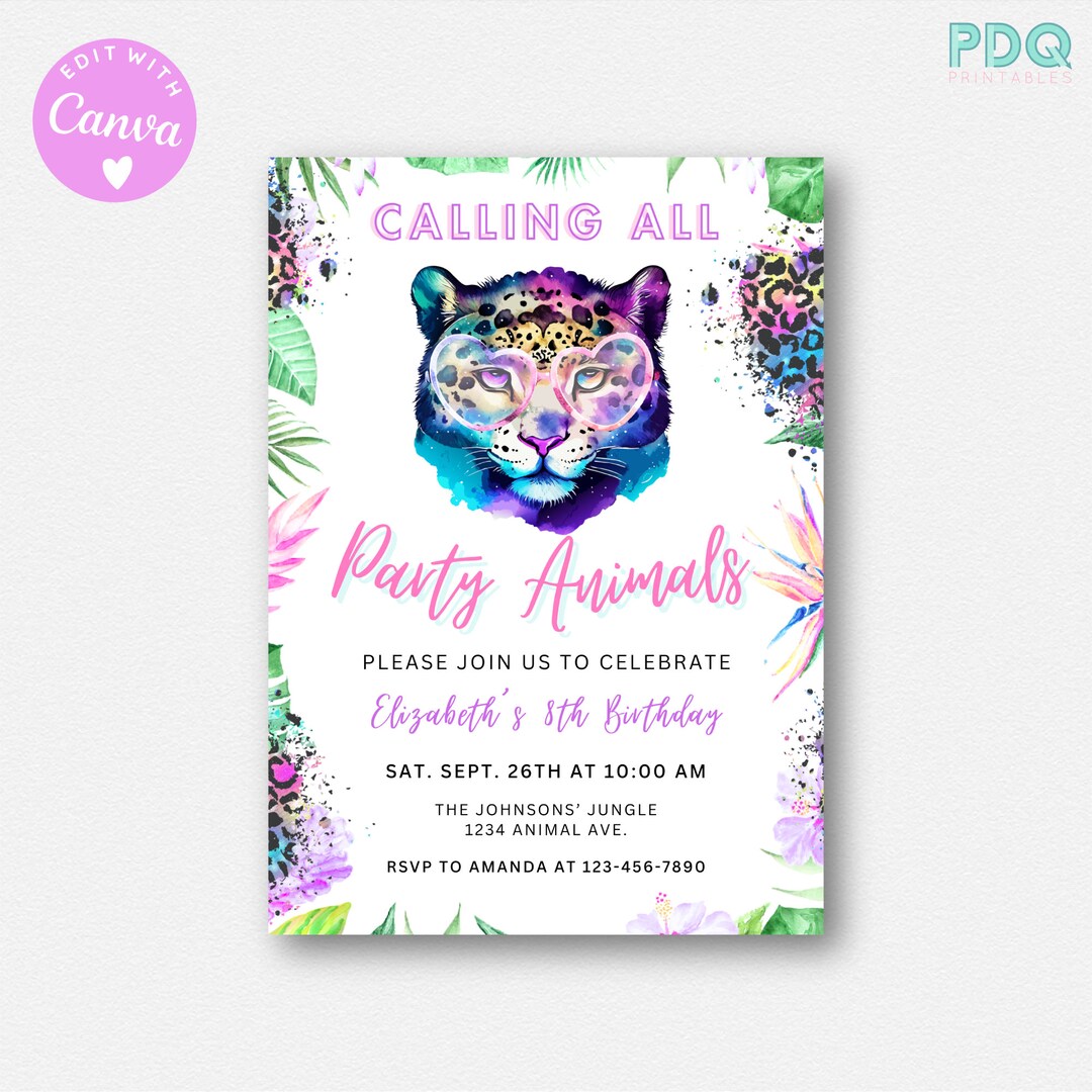 Leopard Birthday Invitation, Calling All Party Animals Invite, Rainbow ...