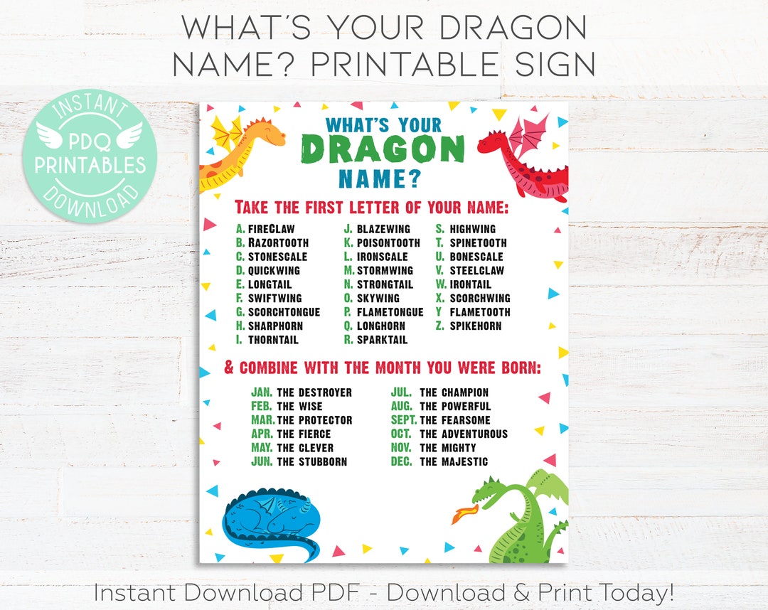 What's Your Dragon Name? Sign, Dragon Birthday Sign, Dragon Party ...