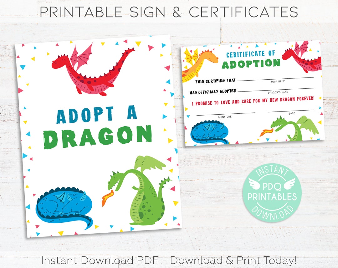 Adopt a Dragon Sign & Dragon Adoption Certificates, Dragon Birthday ...