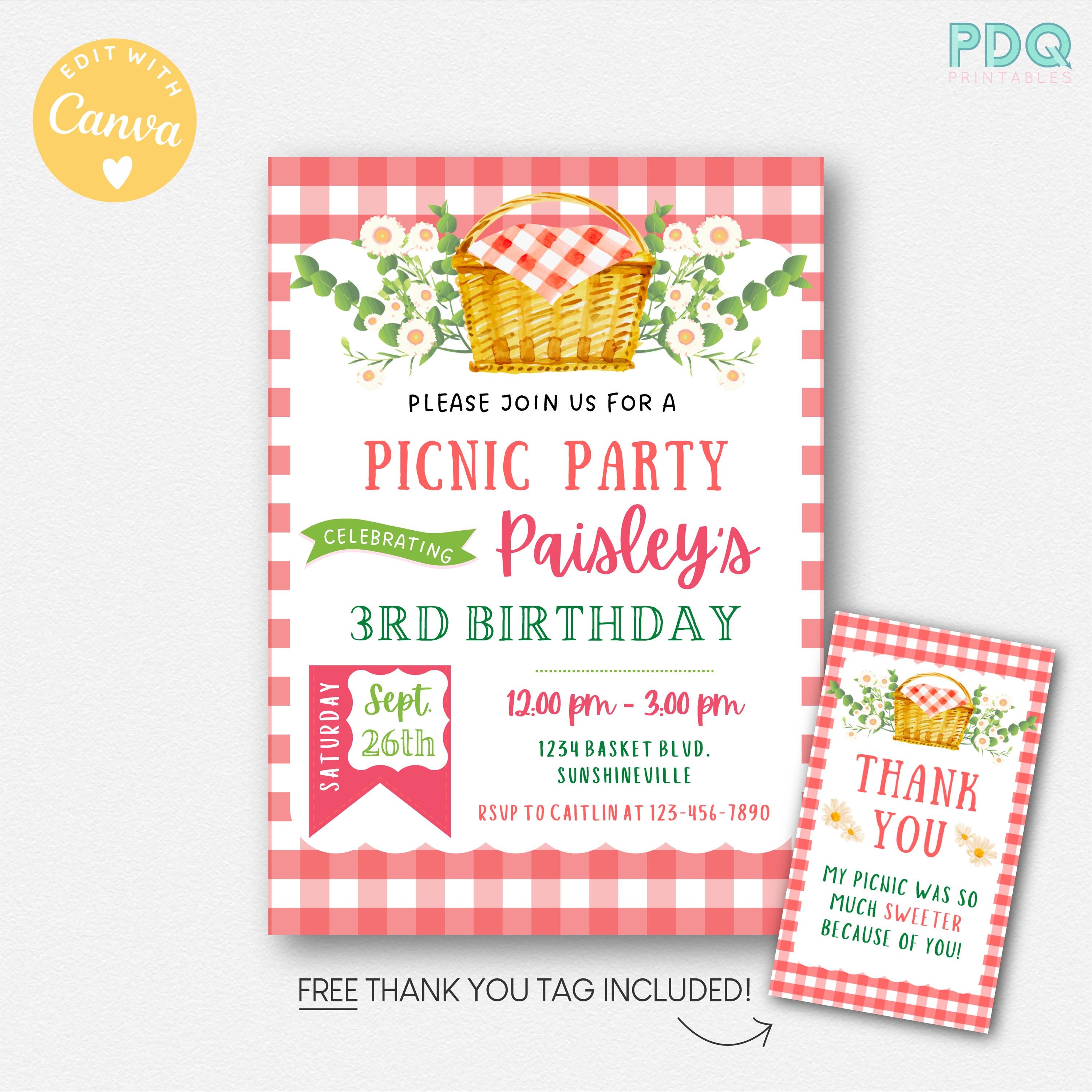 Editable Picnic Birthday Invitation for Girls – Gingham Party Invite ...