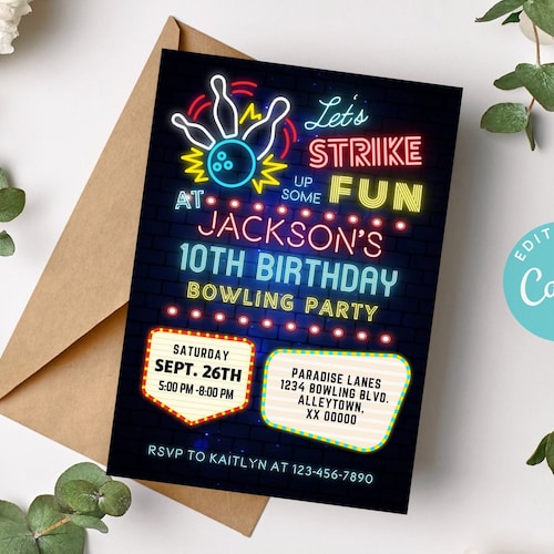 Editable Bowling Birthday Invitation Let's Strike up Some - Etsy