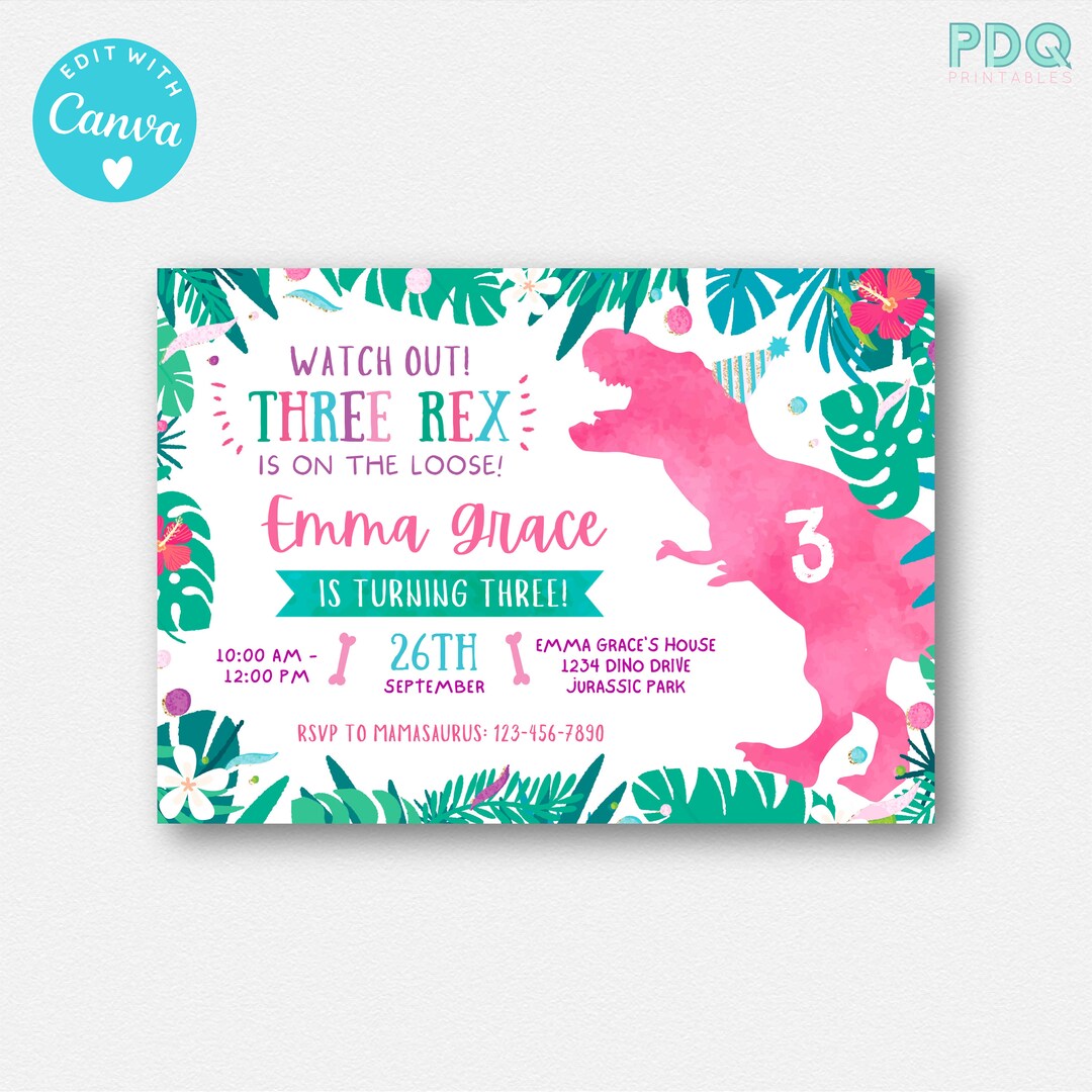 Three Rex Invitation Girl, Pink Dinosaur Birthday Invitation, Girl ...