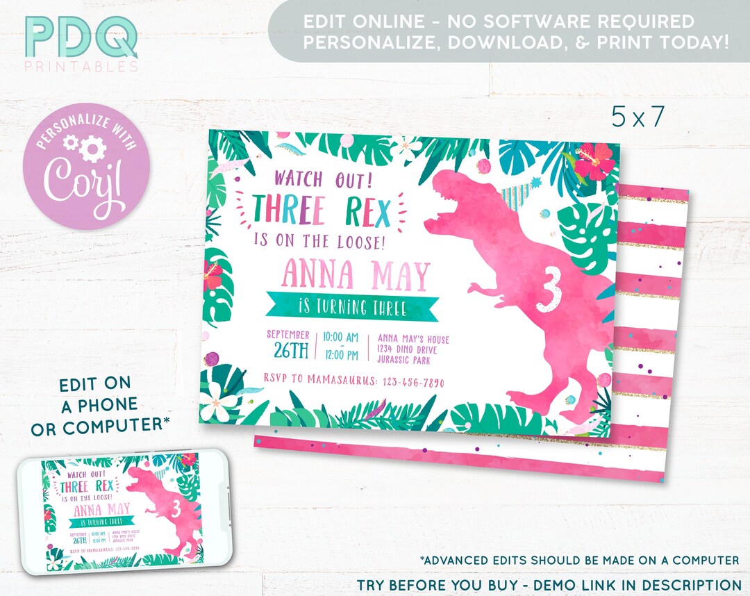 Three Rex Invitation Girl Pink Dinosaur Birthday Invitation - Etsy