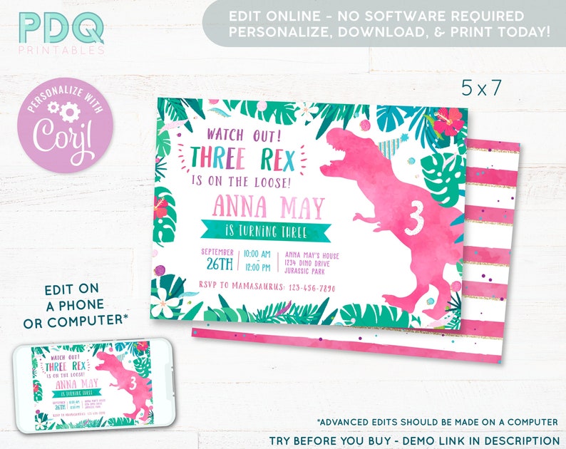 Three Rex Birthday Invitation Template Free