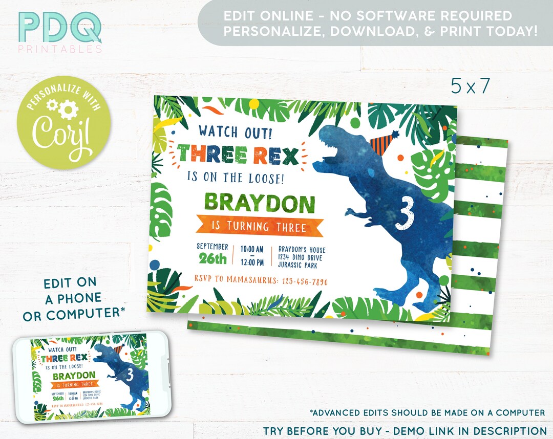 Three Rex Invitation Three Rex Birthday Invitation Instant - Etsy