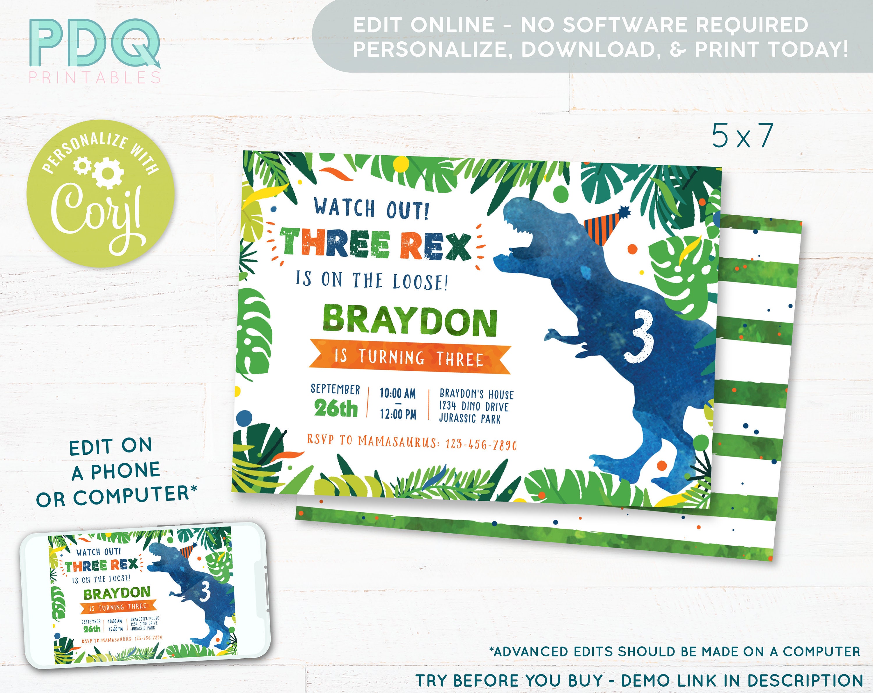 three-rex-invitation-three-rex-birthday-invitation-instant-etsy-uk