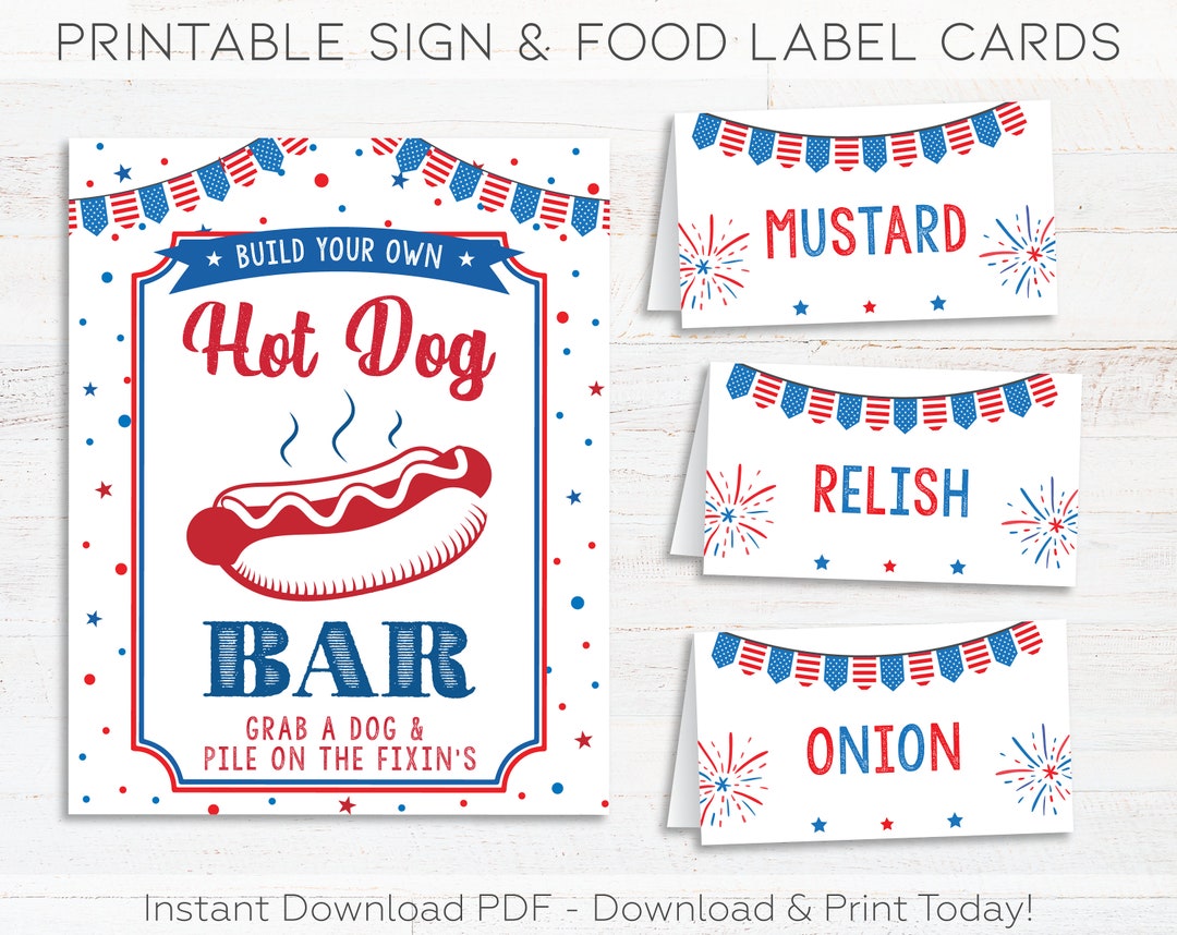 Hot Dog Bar Sign, 4th of July BBQ Food Labels, 4th of July Food Sign ...