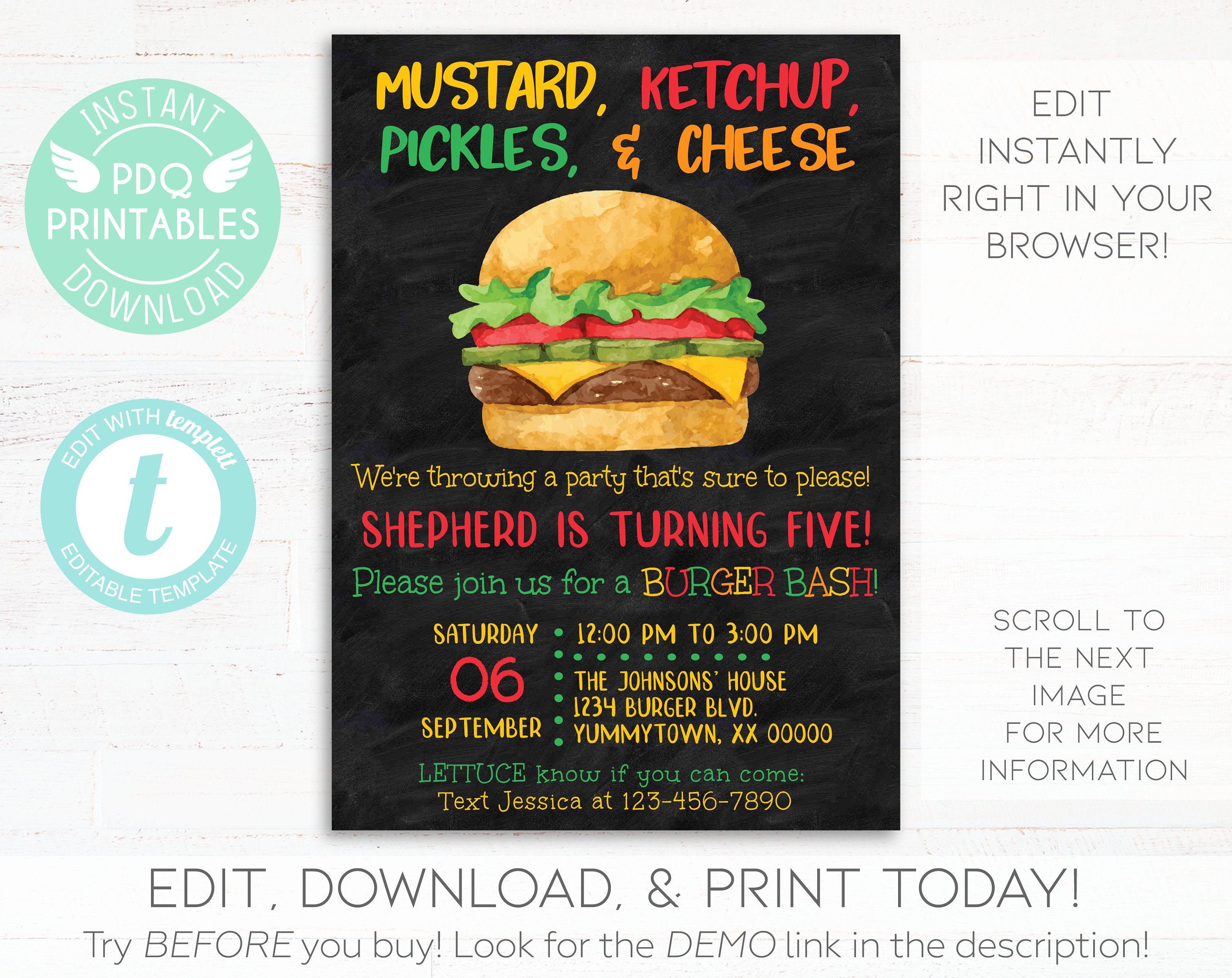 Paper Paper & Party Supplies Burger Invitation Editable Template ...