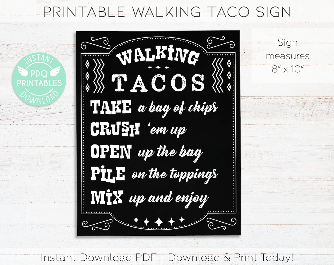 Walking Taco Sign Printable, Taco Bar Sign Instant Download, Taco Party ...