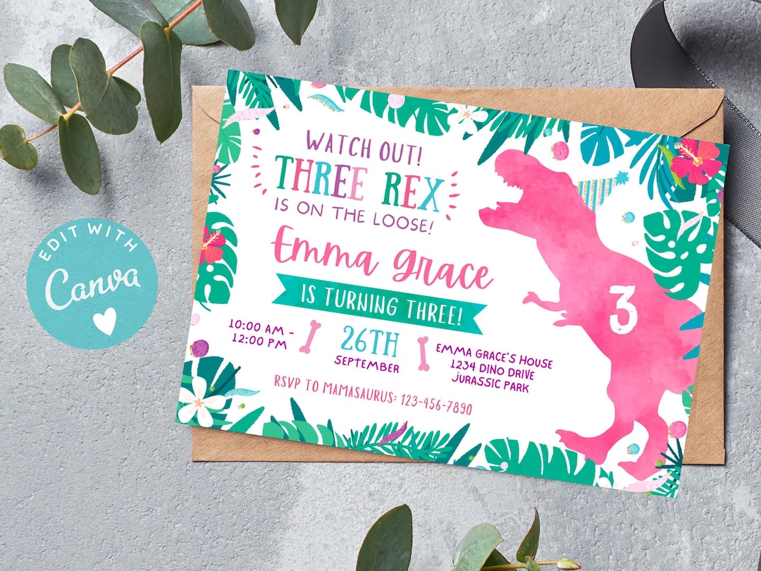 Three Rex Invitation Girl, Pink Dinosaur Birthday Invitation, Girl ...